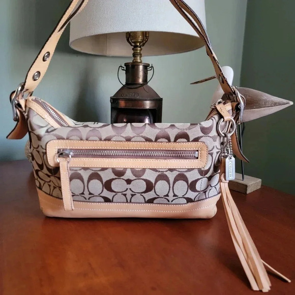 Coach | Bags | Vintage Coach Y2k East West Khaki Signature Jacquard Demi W Tan Leather 9363 ...